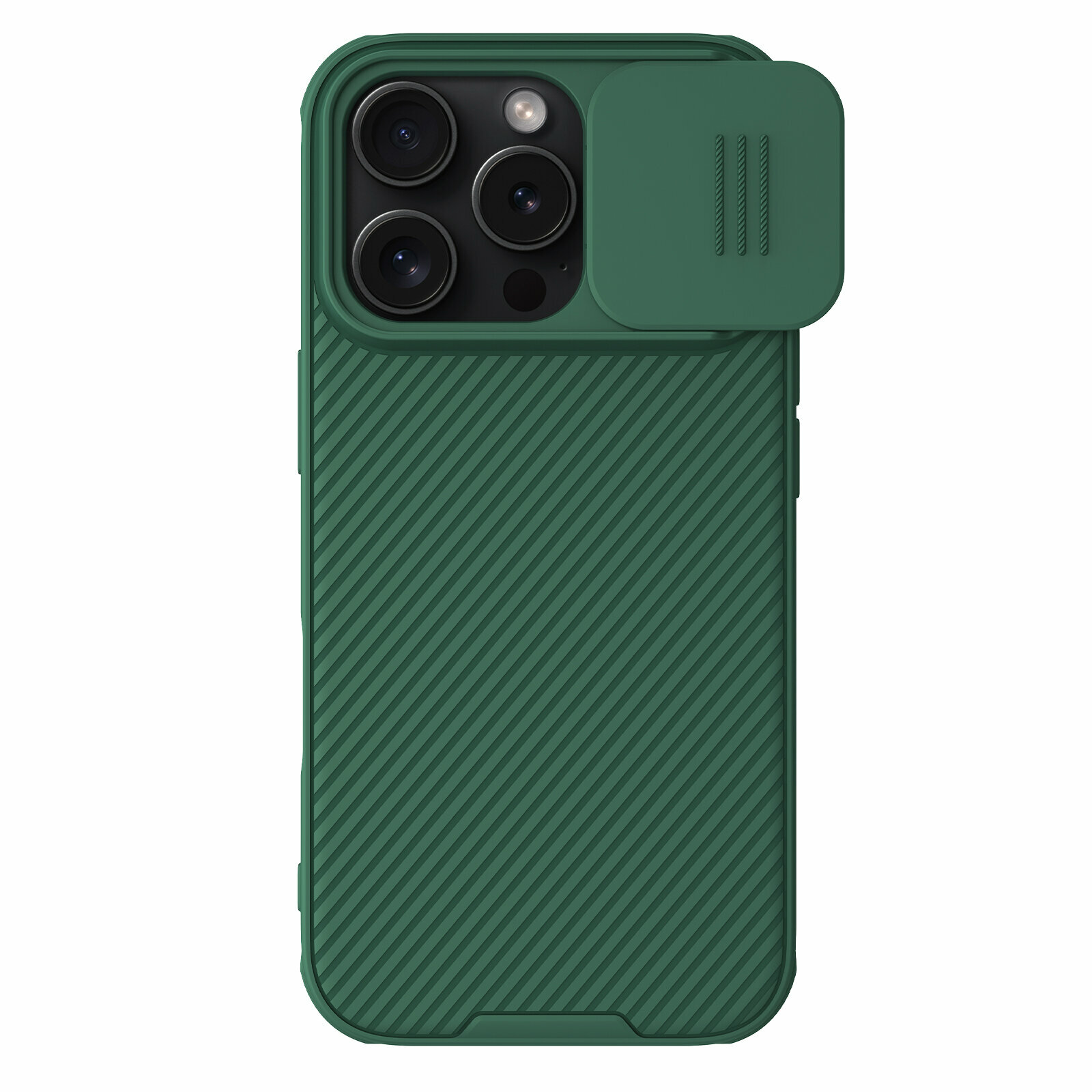 Чехол зеленого цвета (Dark Green) от Nillkin c поддержкой магнитной зарядки MagSafe для iPhone 16 Pro, с защитной шторкой камеры, серия CamShield Pro Magnetic