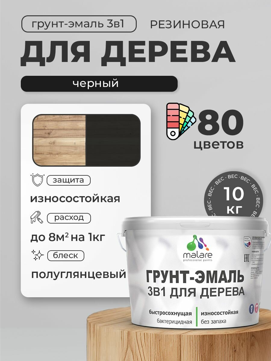 Резиновая Грунт-Эмаль 3 в 1 Malare для деревянных поверхностей/ краска по дереву с антисептическим эффектом/ быстросохнущая моющаяся без запаха полуглянцевая, черный, 10 кг