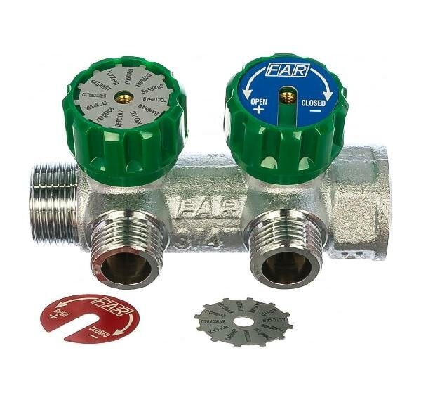 Регулирующий коллектор 3/4" (ВР-НР) с 2 отв. 1/2" НР (межосев. 45 мм) FAR (FK3821 3412TP) плск. упл.