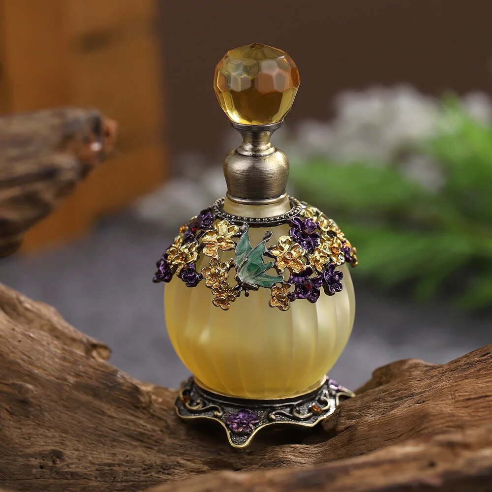 Винтажный стеклянный флакон с орнаментом, металлические эмалированные Цветы, Декор, роскошный бриллиантовый семейный сменный парфюм, украшение для эфирного масла, для дома/спа