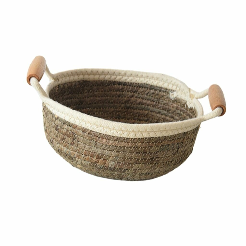 (1шт) Настольная корзина для хранения банановой веревки с деревянной ручкой-маленький белый край