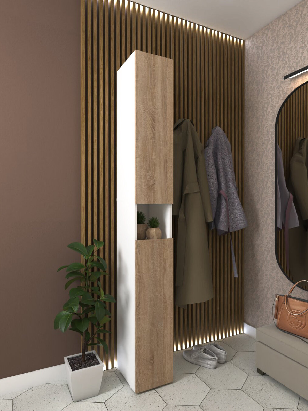 Шкаф-пенал в прихожую Белый-Дуб