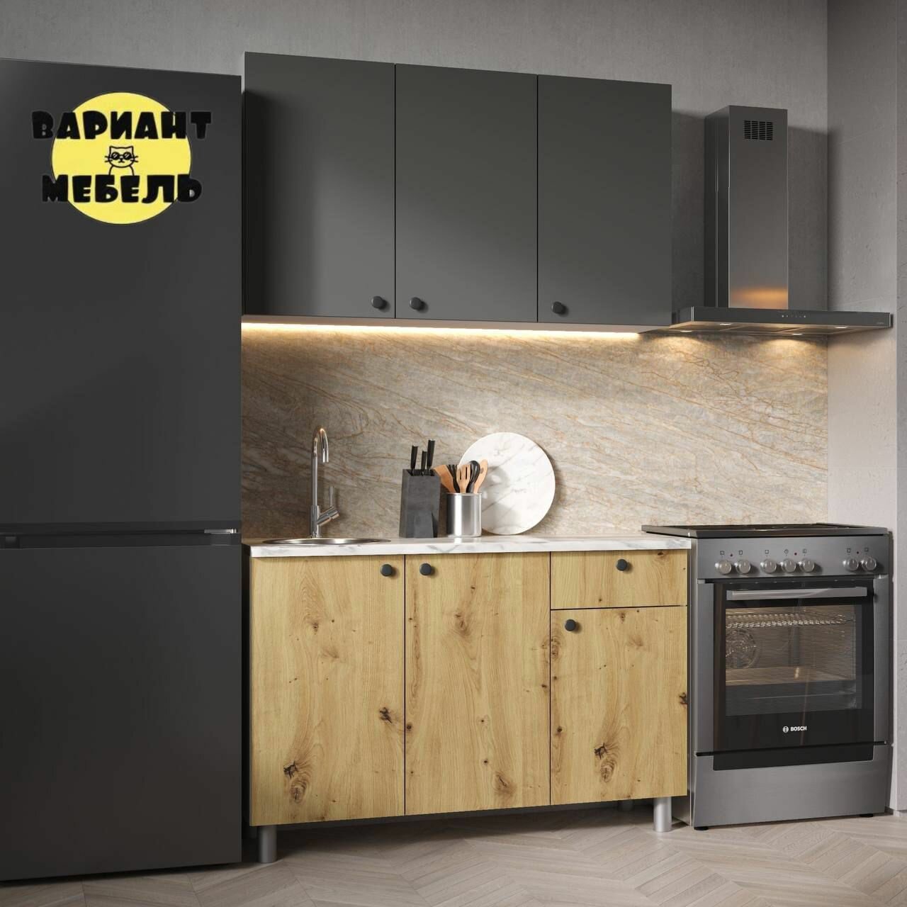 Кухонный гарнитур деми 120 столешница В комлекте Серый графит / Дуб артизан