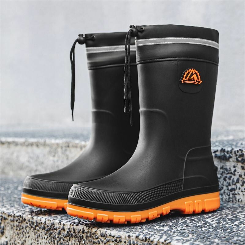 Мужские резиновые сапоги до середины икры, водонепроницаемые и нескользящие, рыбацкие сапоги в китайском стиле, теплые мужские кухонные сапоги с флисовой подкладкой, износостойкая резиновая обувь.