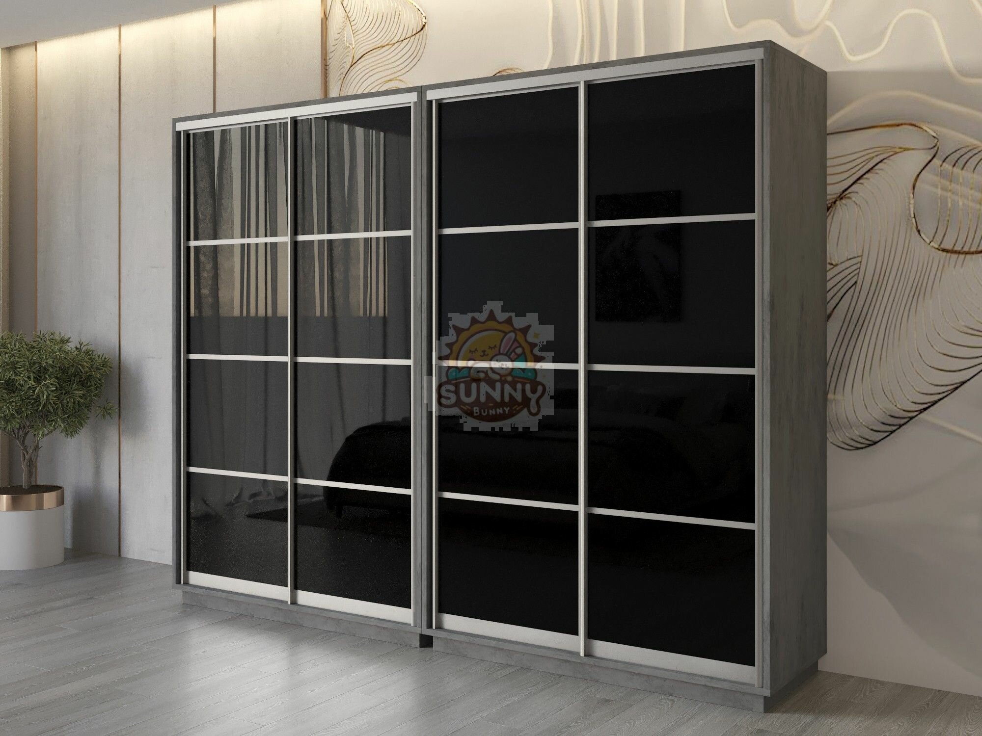 Шкаф-купе Флорида 4дв. (2+2) Стекло черное, профиль серебро, 280х60х220 см. Бетон