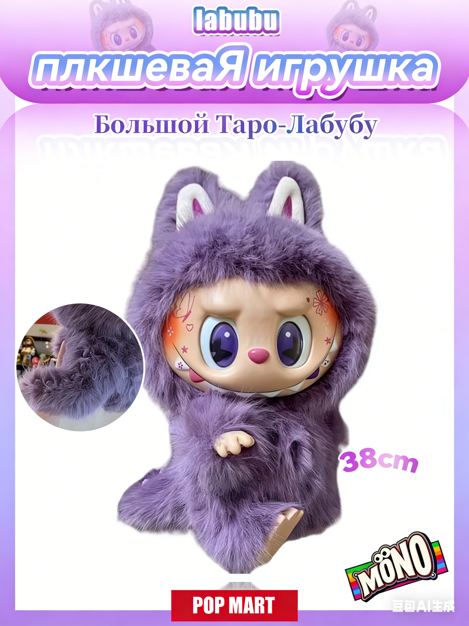 Labubu большого формата 38 см - Лабубу тапиока Labubu, коллекционный класс, фиолетовый