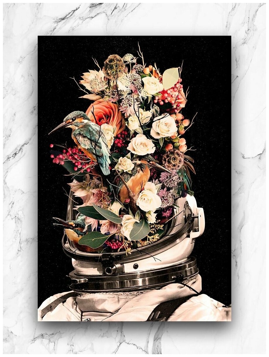 Картины для интерьера на холсте размер 40х60 / Космонавт / Цветы