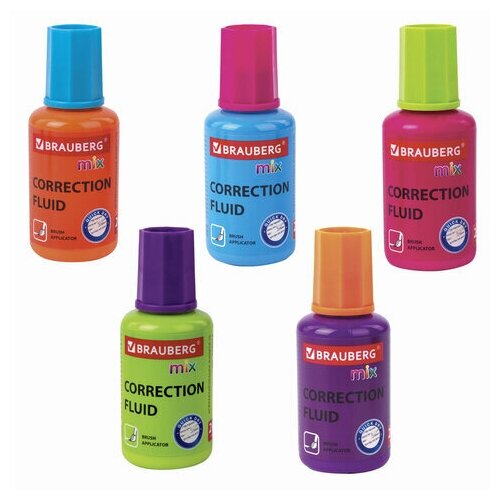 Корректирующая жидкость BRAUBERG MIX, быстросохнущая, 20 мл, с кисточкой, ассорти, 229074 (цена за 1 ед. товара)