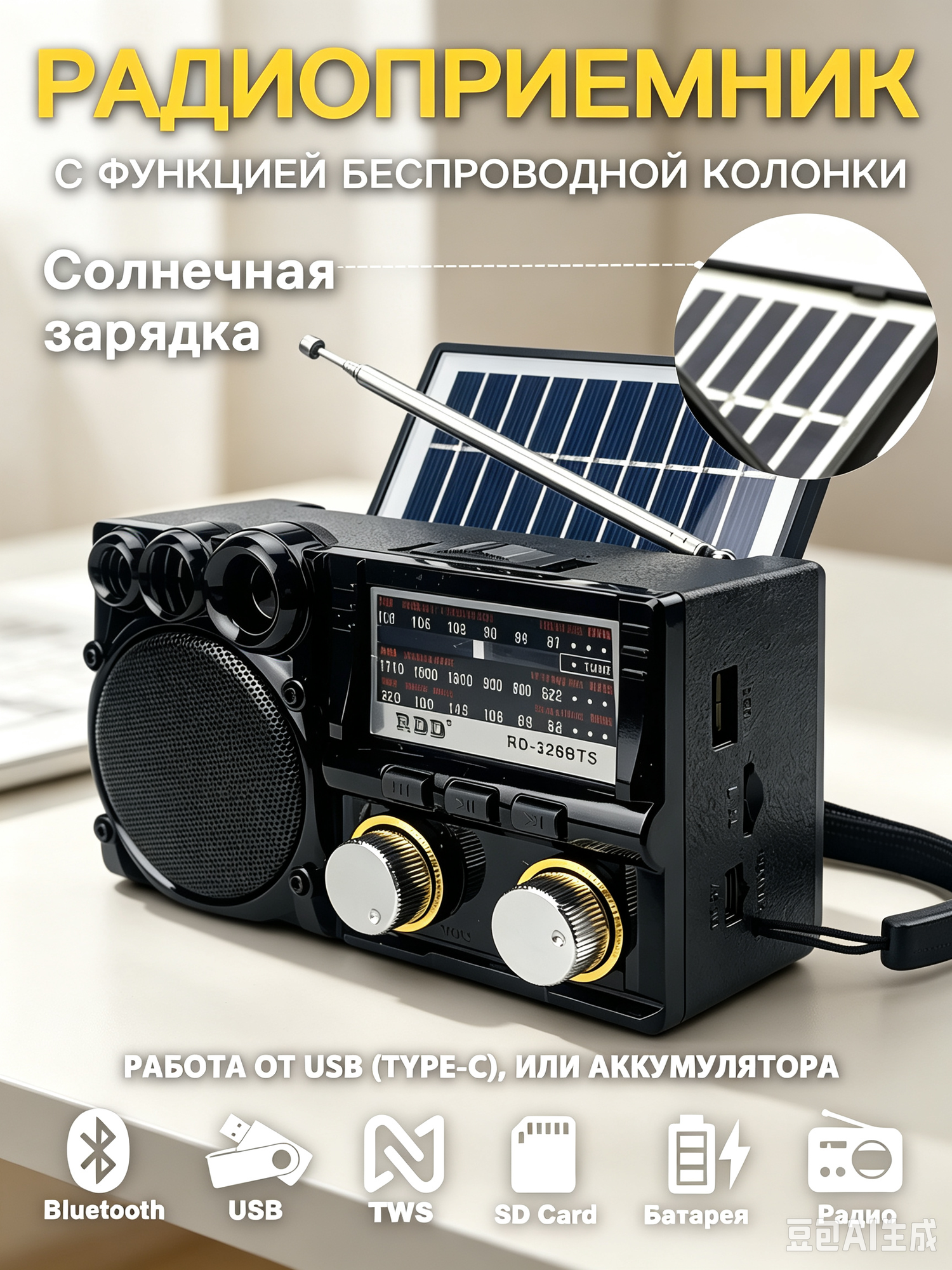 Портативный FM AM SW Радио Солнечный радиоприемник Bluetooth Динамик TF Карта USB накопитель MP3 Музыкальный плеер Аккумуляторная батарея