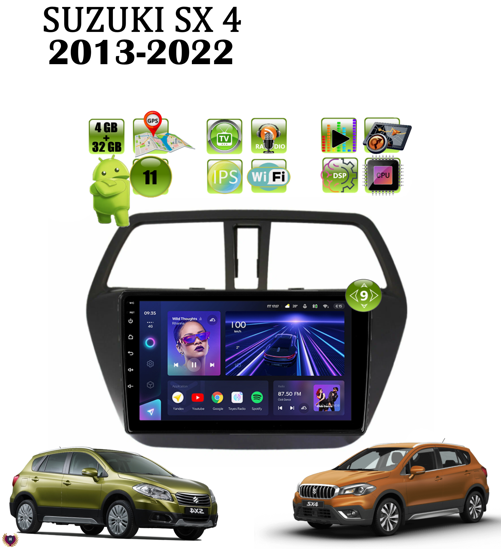 Автомагнитола для Suzuki SX4 (2013-2022) , Android 11, 4/32 GB, GPS, Bluetooth, WiFi, IPS экран, DSP, TV, FM, сенсорные кнопки, поддержка кнопок на руле