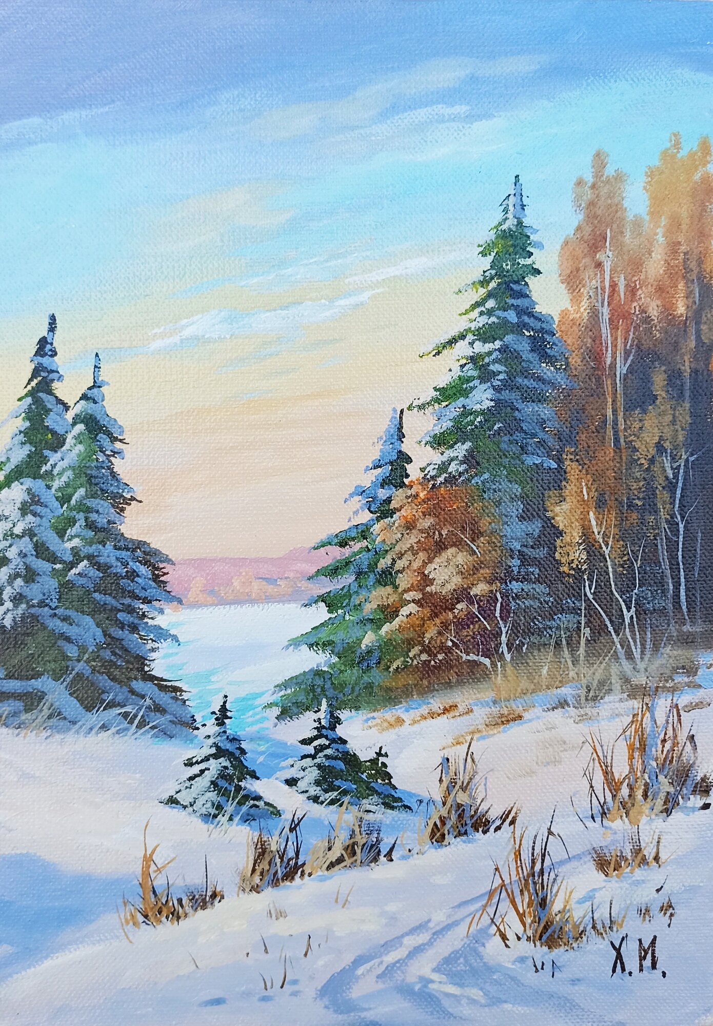 Картина масло/холст. 100% ручная работа, 100% живопись от Художественной мастерской Грëзы. Картина из серии "Зимние пейзажи". Сугробы. Ели. Размер картины 20х30 см.