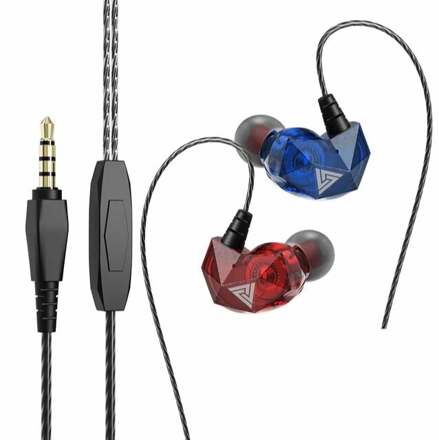 Проводные HiFi наушники QKZ AK2 для телефона, mini jack 3.5 мм с микрофоном, внутриканальные, вакуумные, сине-красные