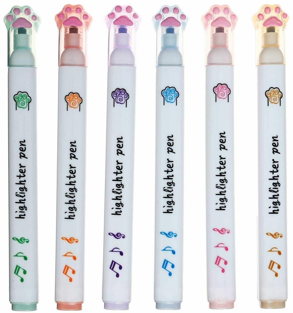 Набор водных маркеров-текстовыделителей "Лапки" для школы, цветные фломастеры на водной основе для рисования и творчества, скошенный наконечник, 6 пастельных цветов