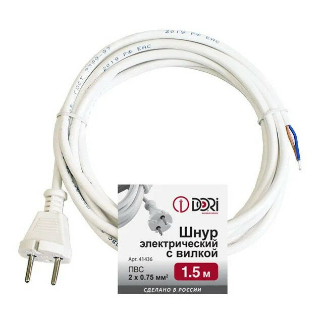 Кабель с вилкой 2x0,75 1,5 м 6 А без выкл. белый