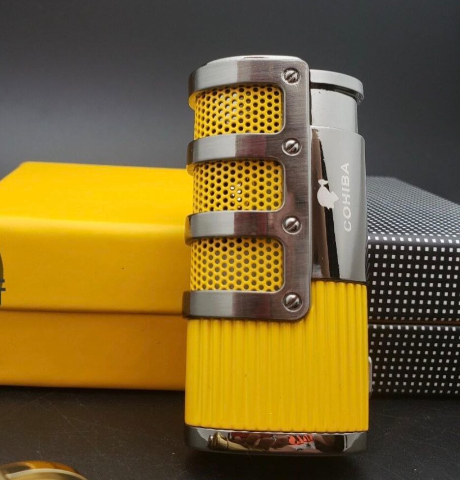 Металлическая газовая зажигалка с пробойником Cohiba, турбо тройное голубое пламя. Желтая. Пустая, Без газа.