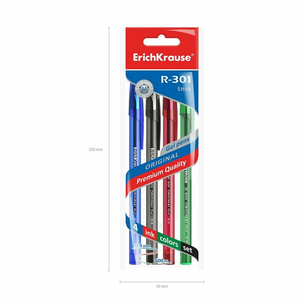 Набор из 4 ручек гелевых ErichKrause R-301 Gel Stick Original 0.5, цвет чернил: синий, черный, красный, зеленый (в пакете по 4 шт.) — фото 1