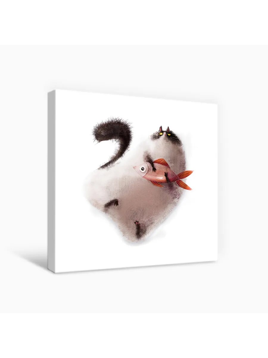 Картина "Кот с рыбкой", холст, 40x40 см, цифровая печать, на подрамнике