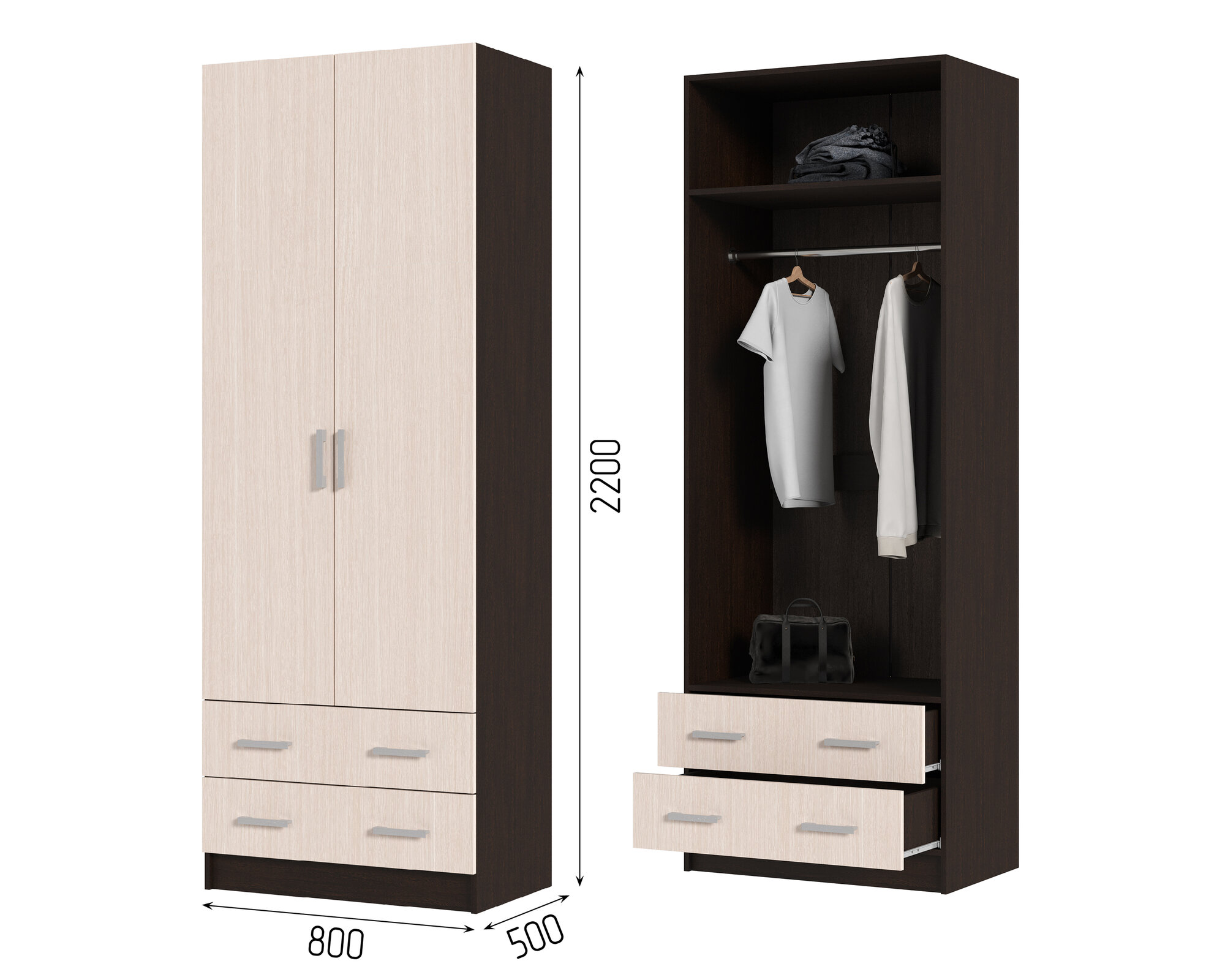 Шкаф Дуэт 2-х ств (800*2200*500 мм) Венге-Дуб белфорд Стендмебель