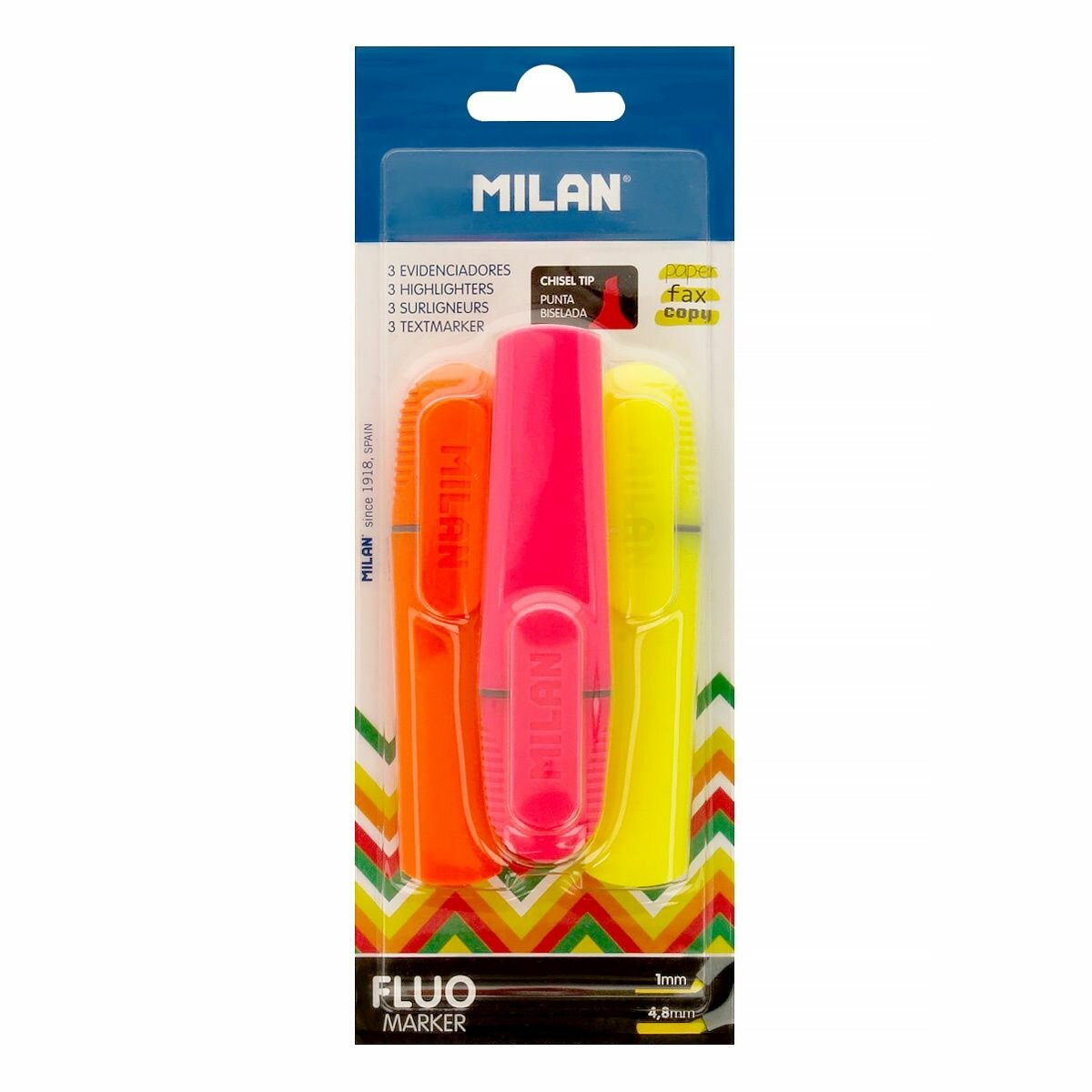 Текстовыделители Milan Флуоресцентные, 3 цвета, желтый, оранжевый и розовый, в блистере