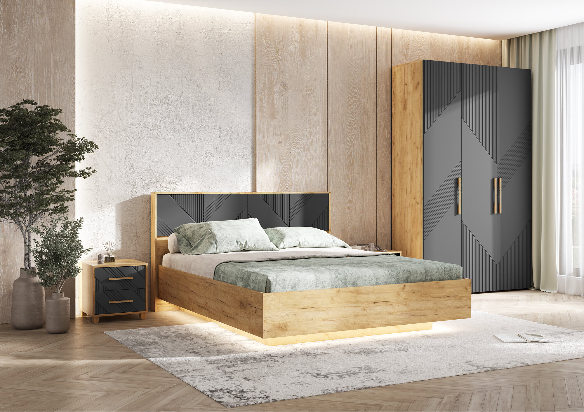 Комплект мебели для спальни Ирис (комп 4) (Браш Графит, Дуб Крафт)