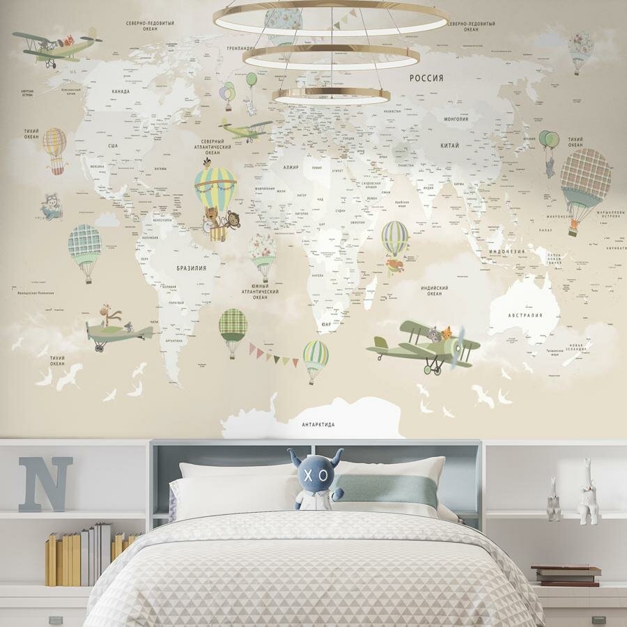 Фотообои Карта мира бежевая 19-0034-S-Холст 270 x 200 см (ВхШ) Бесшовные, флизелиновые, влагостойкие обои MasterFresok