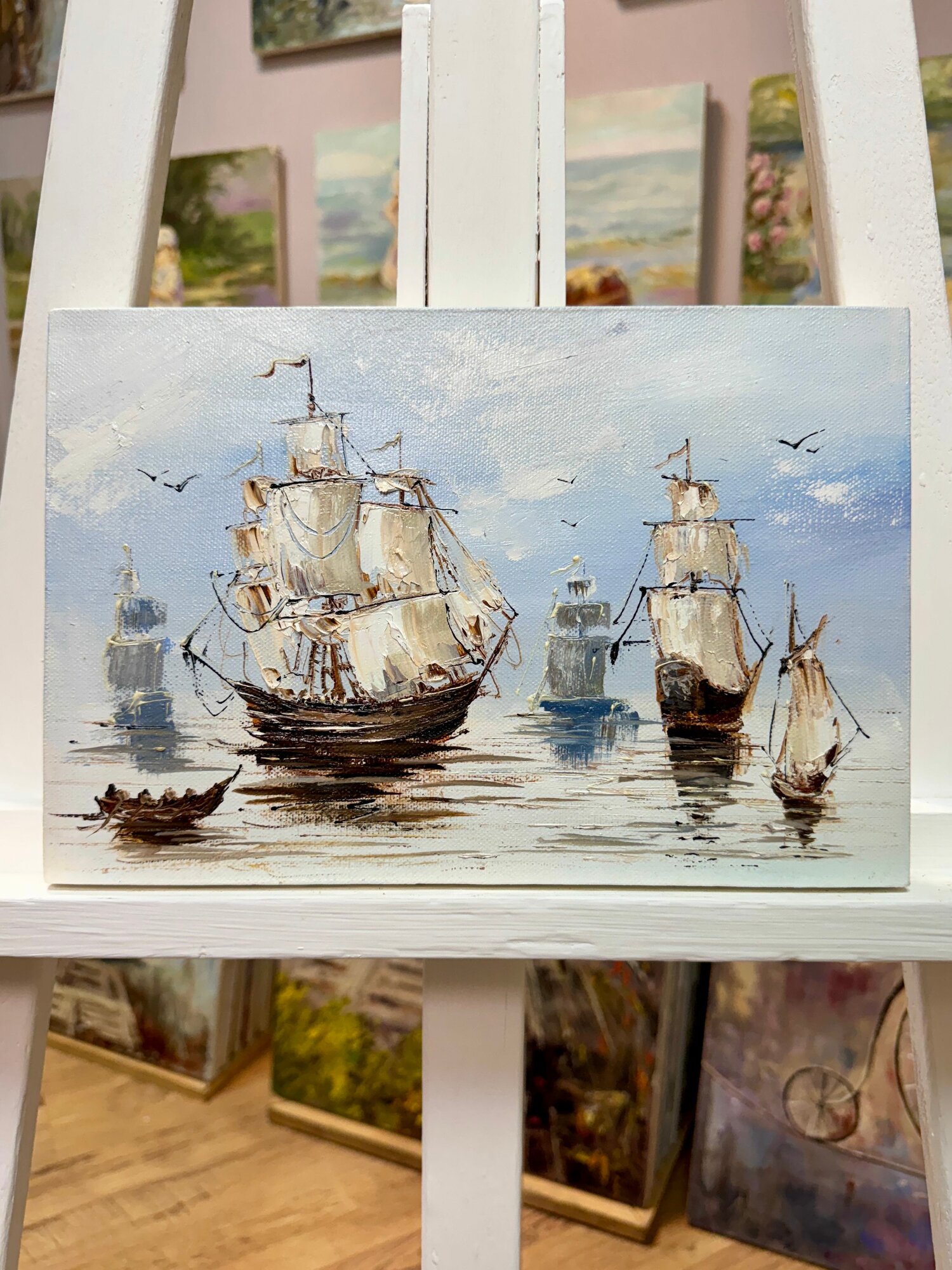 Картина маслом Морской пейзаж Парусники Корабли 20х30 см. Художественная мастерская Грёзы.