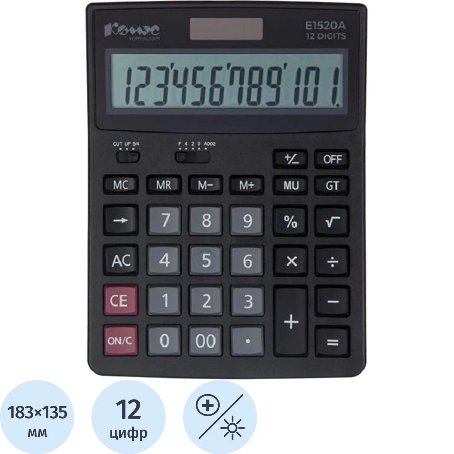 Калькулятор настольный полноразм. Комус KF-444.12-р, дв. пит,183x135мм, черн