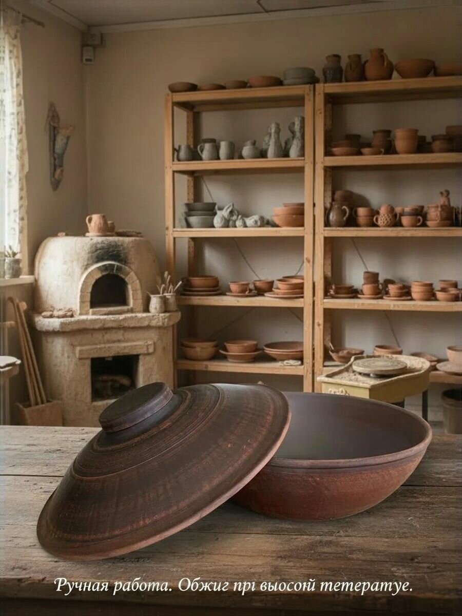 Жаровня 4л с крышкой, красная глина гладкая