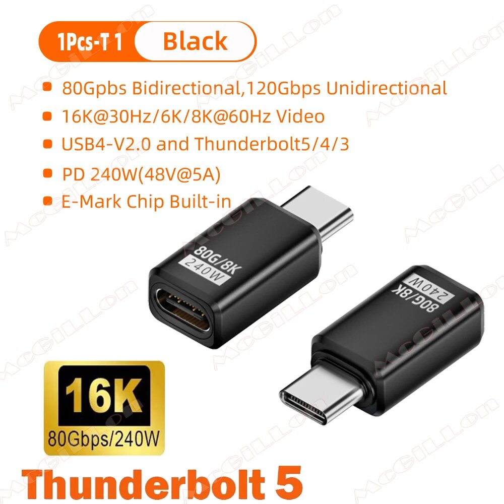 Thunderbolt 5 адаптер Type-C на Type-C, 80Gbps, 240W, Black