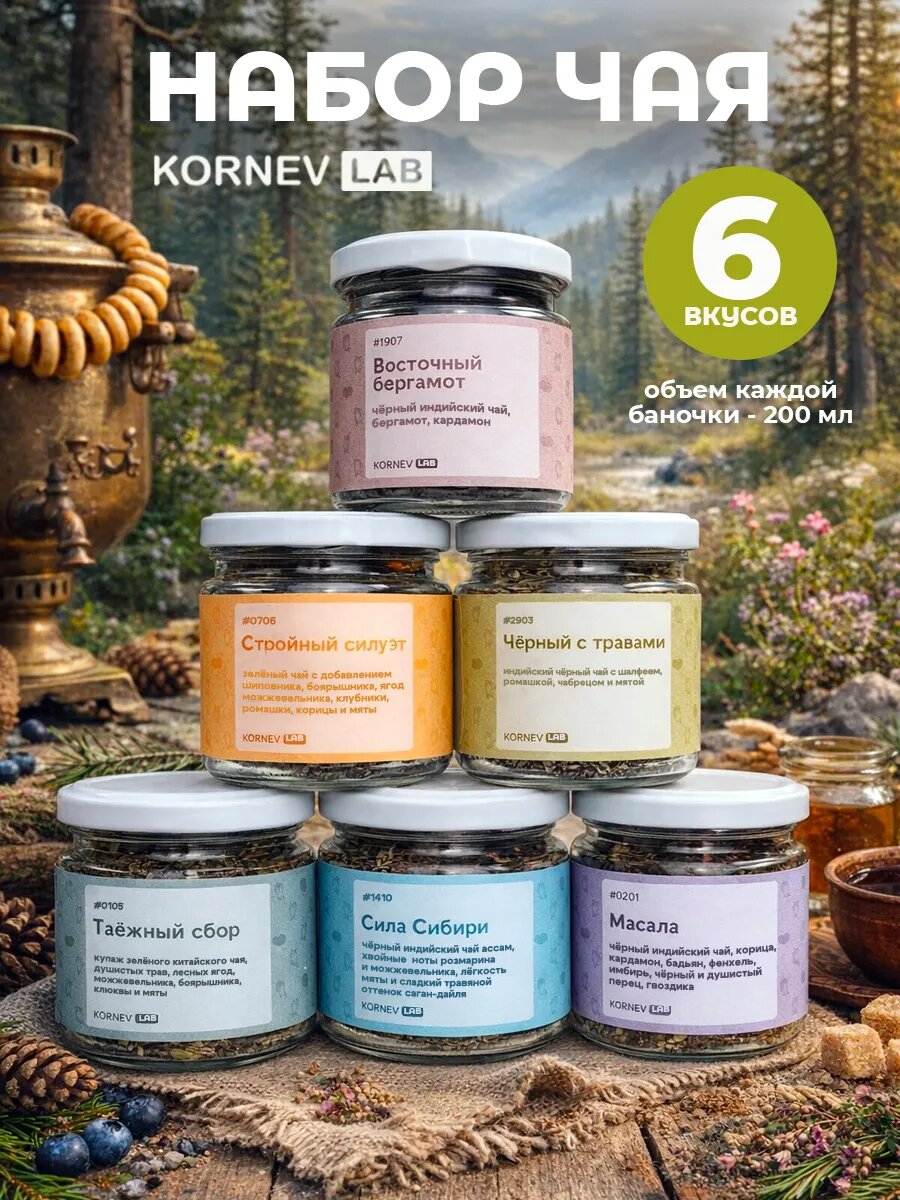 Подарочный набор чая Kornev Lab "Стройный силуэт", 6 вкусов, черный, ягодный, листовой