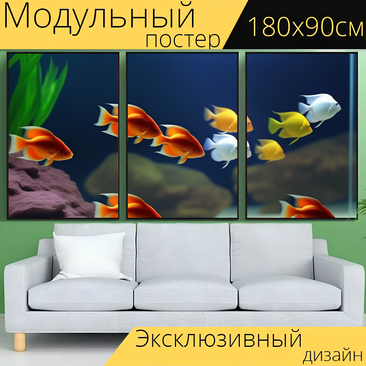 Модульный постер "Стая аквариумные рыбки животные" 180 x 90 см. для интерьера на стену в тубусе