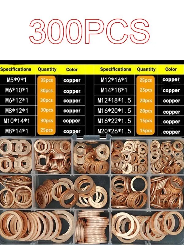 Набор медных шайб 300 шт. уплотнительные кольца для авто, мото, медь, золотой
