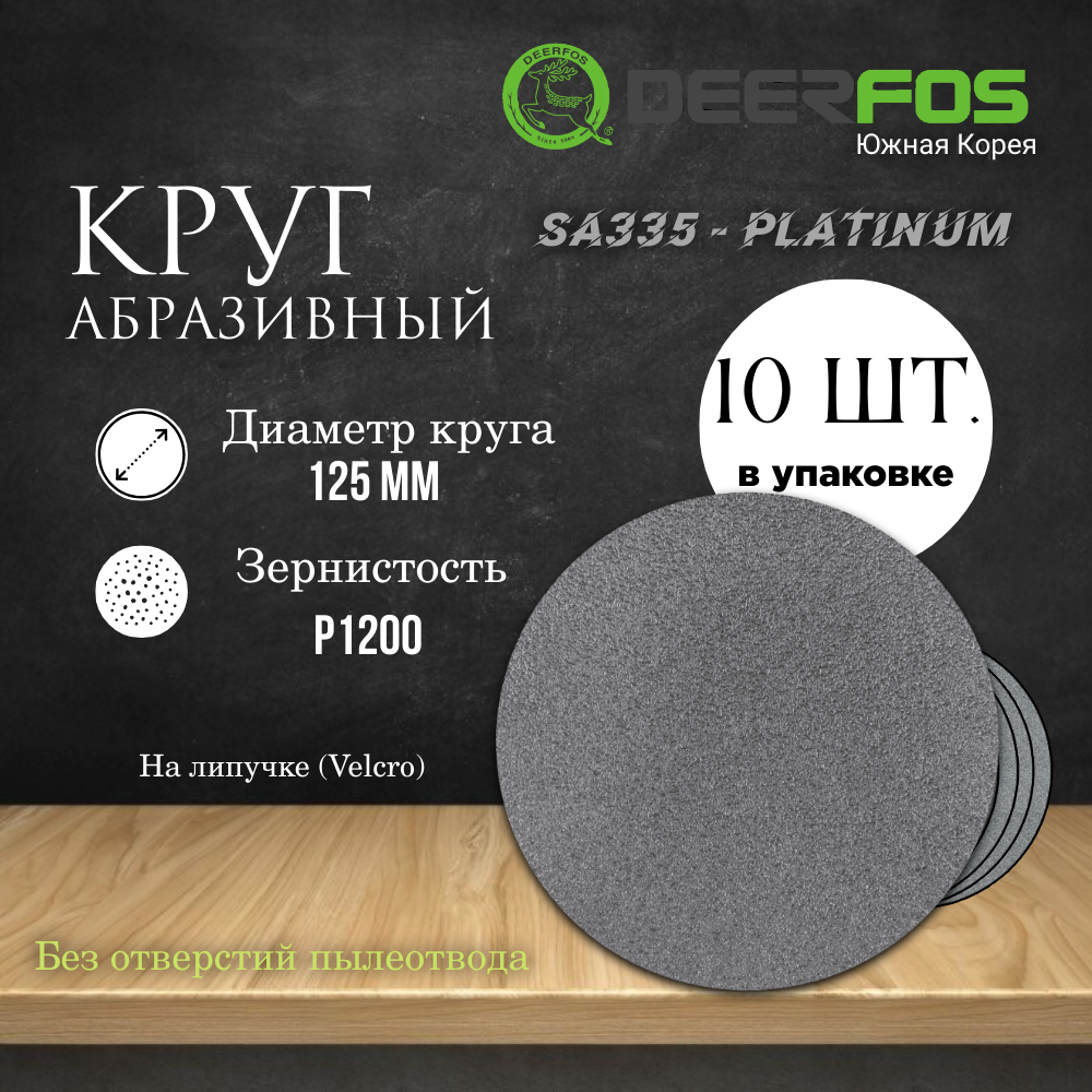 Круг шлифовальный на липучке (SA335) - PLATINUM, 125 мм, (без отверстий), Р 1200, 10 шт.