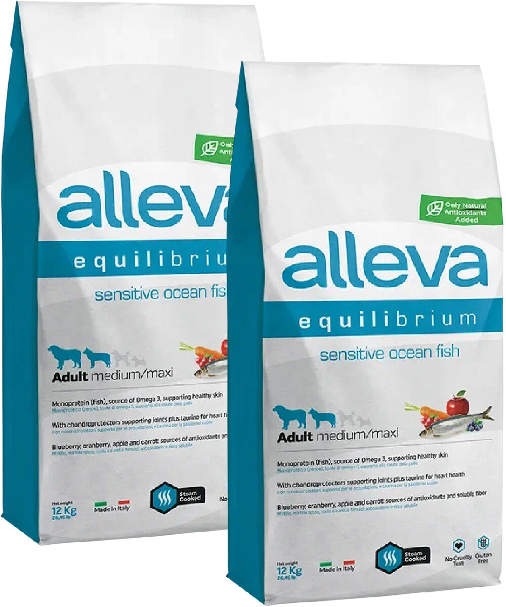 ALLEVA EQUILIBRIUM ADULT DOG MEDIUM/MAXI SENSITIVE OCEAN FISH для взрослых собак средних и крупных пород с чувствительным пищеварением с океанической рыбой (12 + 12 кг)