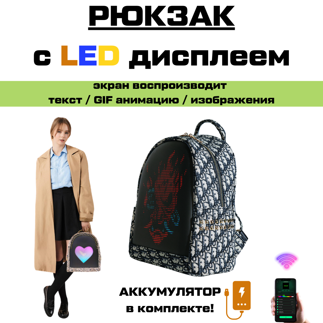 Рюкзак "Honey Bag" с LED-экраном, для девочек, школьный, Powerbank в комплекте, 15 л, рисунок клетка