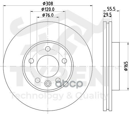 Диск тормозной, передний Volkswagen Touareg I 02>, Transporter (T5, T6) 03>, Multivan (T5, T6) 03> TYREN арт. TYR1023561