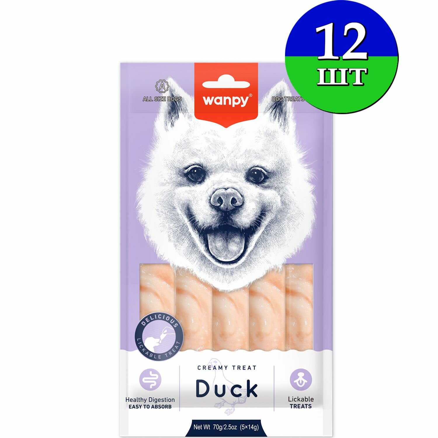 Wanpy Dog - Крем лакомство для собак "нежное пюре" из утки, 840 гр (70 гр х 12 шт)