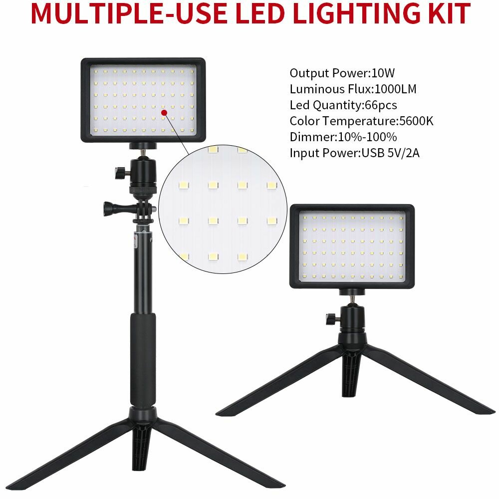 Комплект светодиодного видеосвета B для прямой трансляции, регулируемый заполняющий свет 5600K, 2 выдвижных кронштейна, 2 гибкие шаровые головки, 8 цветных фильтров