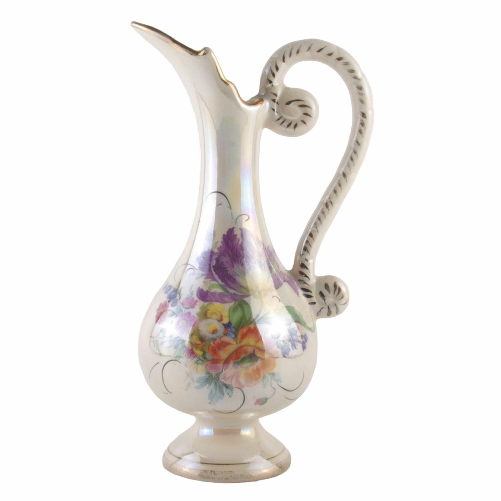 Винтажный декоративный кувшин- ваза "Летний день" от мануфактуры H.BEQUET QUAREGNON. Керамика, роспись, золочение. Hubert Bequet, Бельгия, 1950-1970 гг.