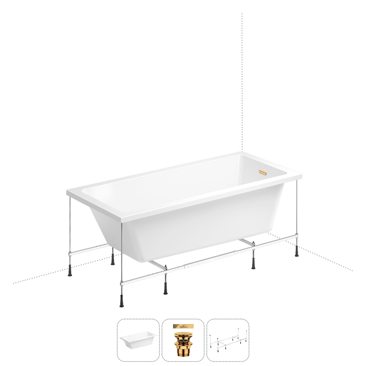 Акриловая ванна 165х80 с каркасом Wellsee FreeDom 2.0 20212779R в наборе 3 в 1: ванна акриловая 165 х 80 см в цвете белый глянец, слив-перелив золото, каркас