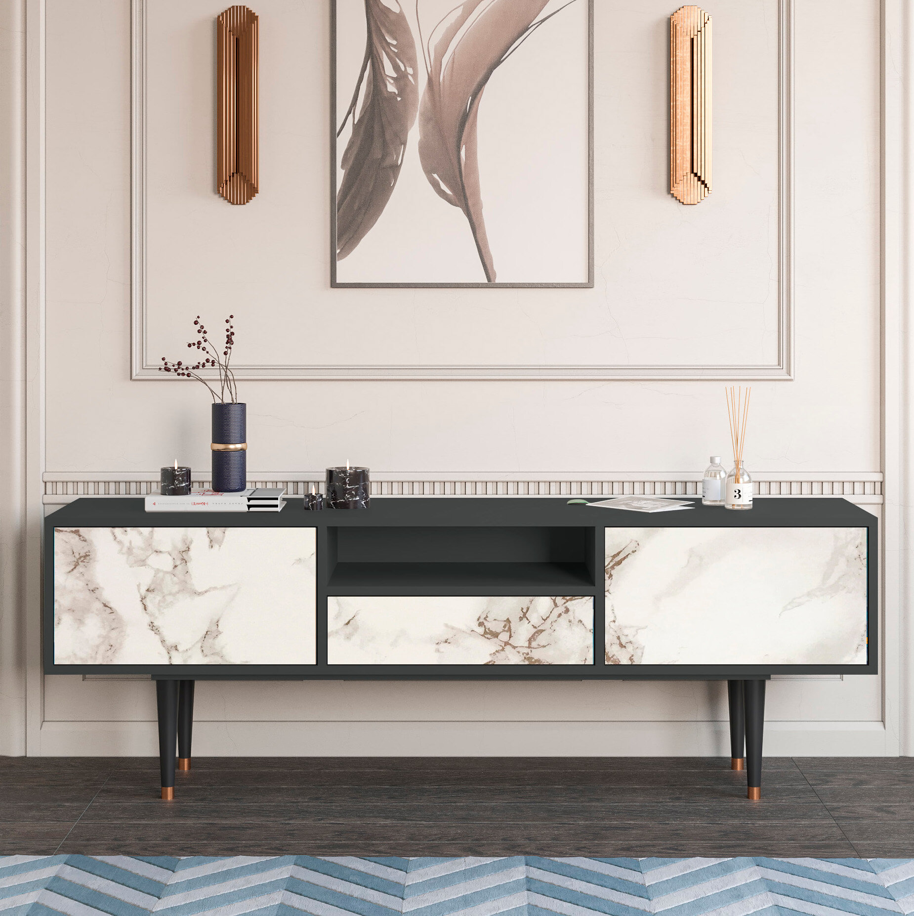 ТВ-Тумба - STORYZ - T6 Milk Marble, Размер - 170 x 69 x 41 см, Цвет корпуса - , Антрацит