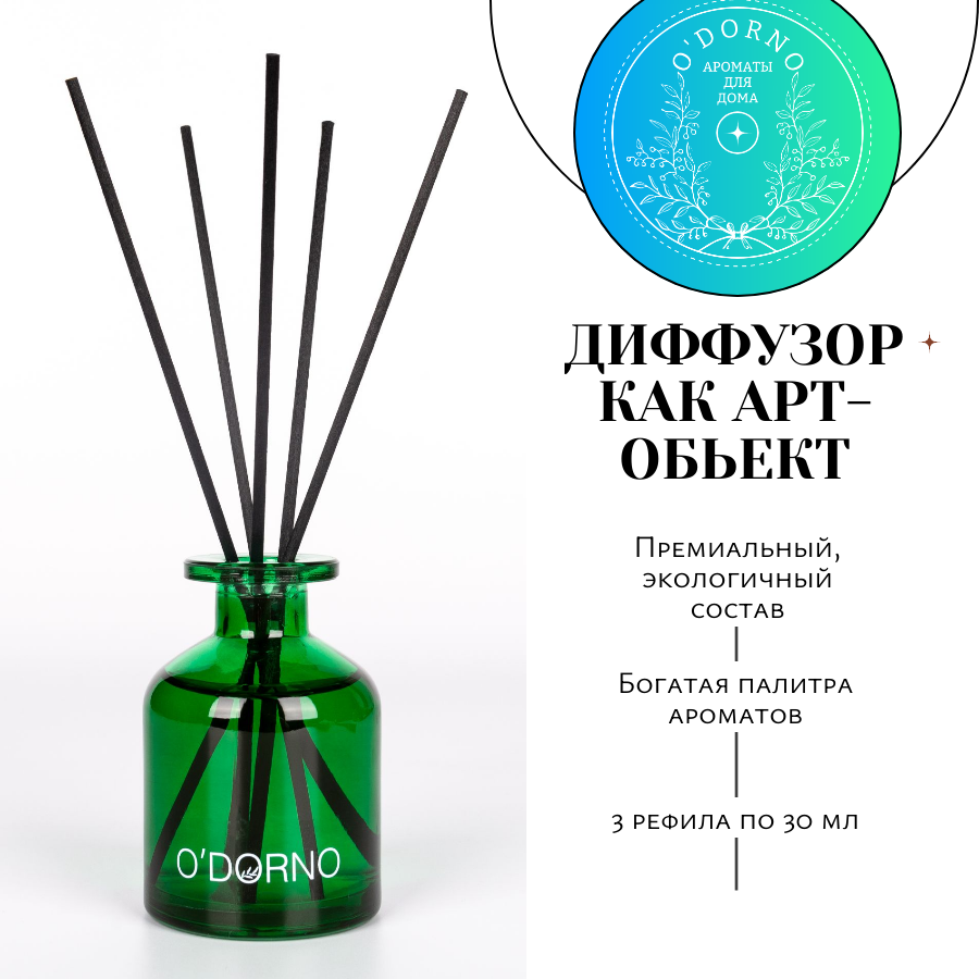 Ароматический диффузор с палочками для дома "O'DORNO «Гармония Изумруда» " | Ароматизатор для дома | 3 рефилла по 30 мл