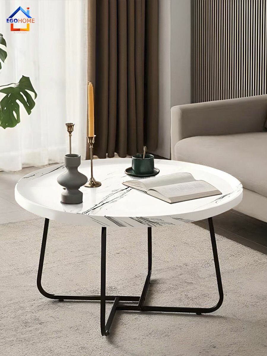 Журнальный стол "Лофт", круглый, лофт, белый мрамор, деревянный каркас, 60х39 см