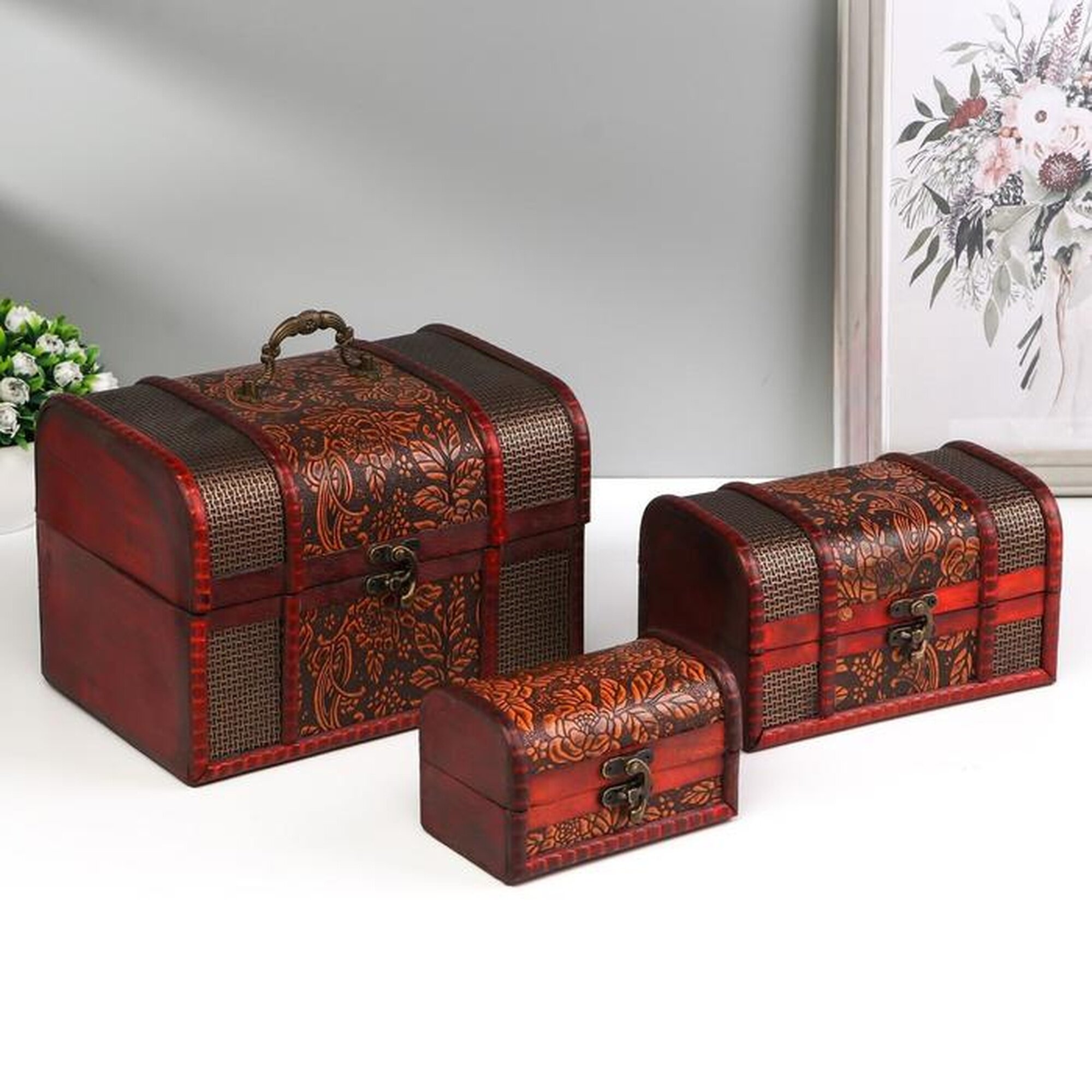 Набор шкатулок для украшений «Сундук. Лютики», дерево, 3 шт, Микс