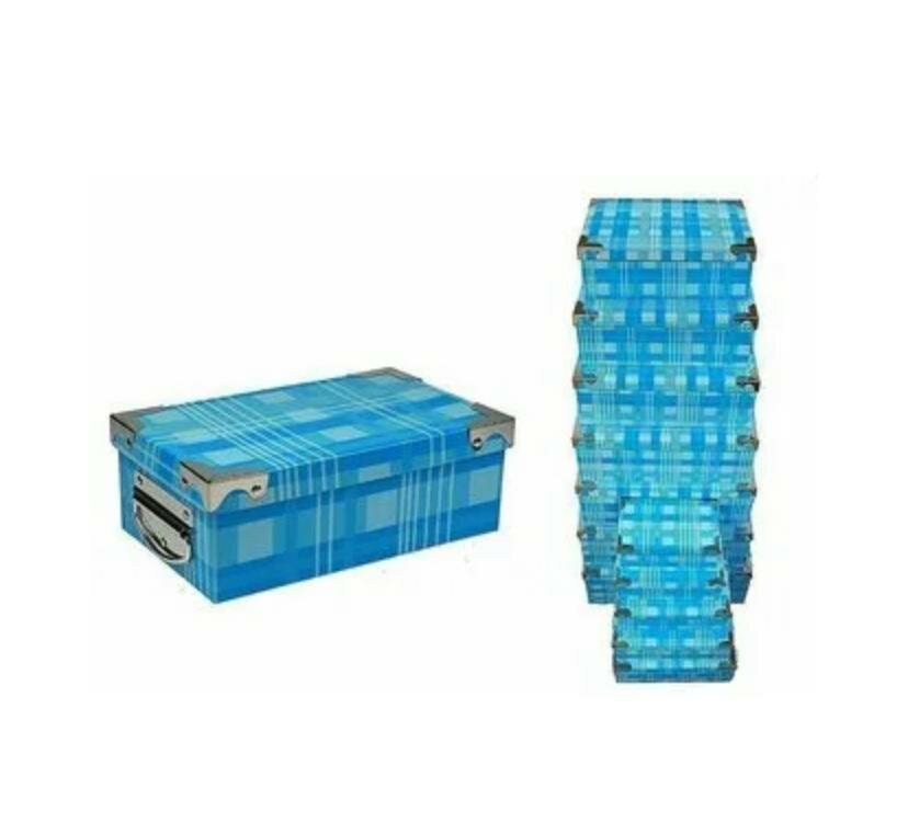 Коробка-сундучок прямоугольная с металлическими уголками и ручками, голубая шотландка №12 размер 20,5*12,5*7 см