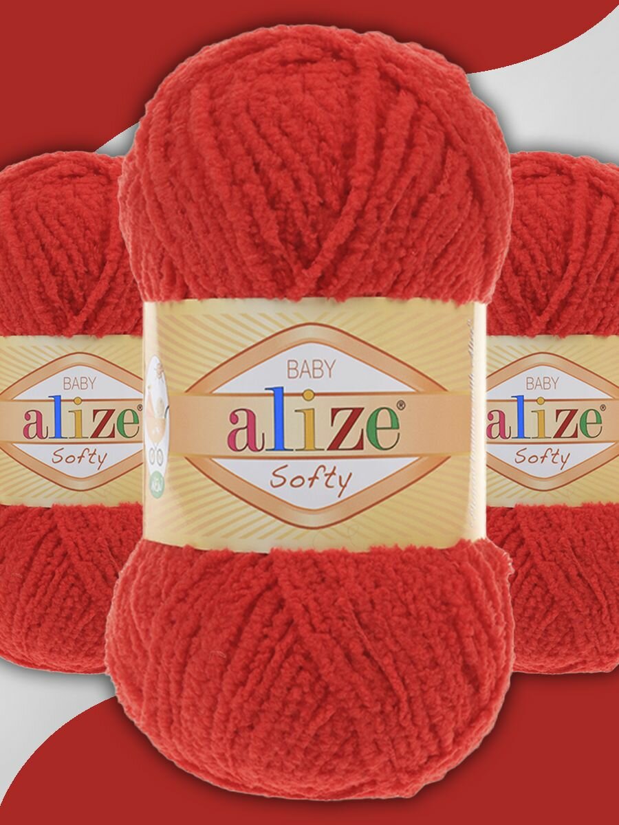 Пряжа для вязания Alize Softy плюшевая, цвет 56 Красный, 50 г / 115 м, 3 мотка