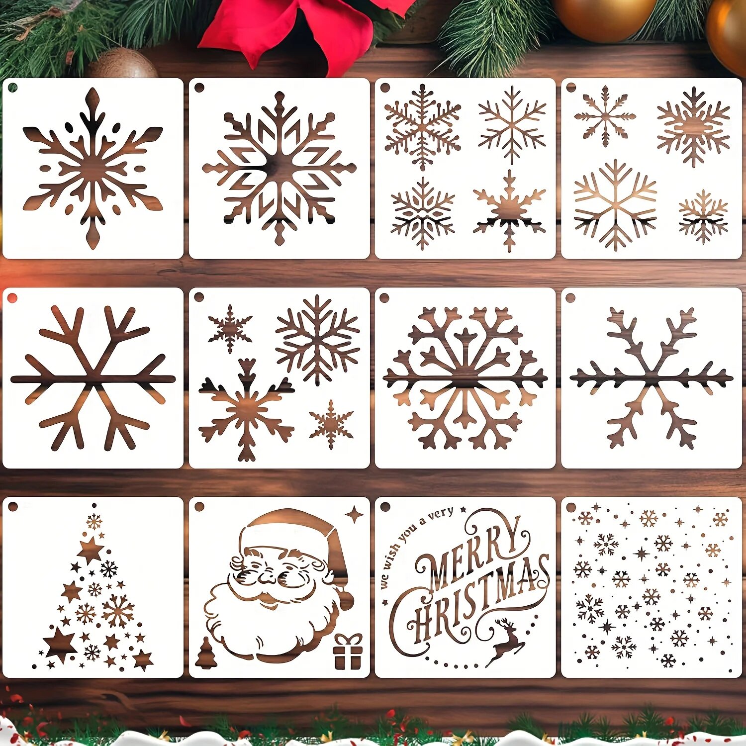 12 шт. рождественские трафареты, шаблон, многоразовые пластиковые трафареты для рисования, ремесленные рождественские трафареты для окон, шаблон для рисования снежинками