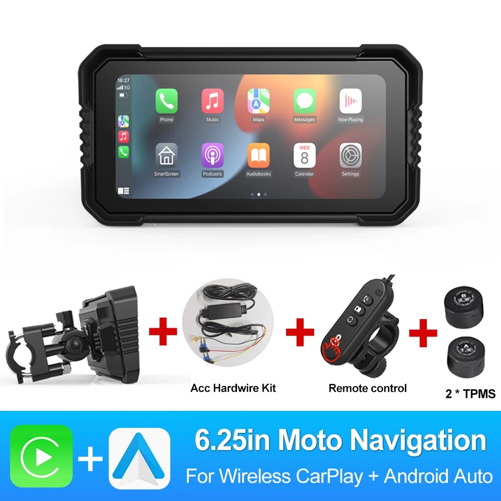 BEPOCAM 6,25 "Портативный мотоциклетный видеорегистратор с сенсорным дисплеем GPS-навигация IPX7 Водонепроницаемый беспроводной CarPlay Android Автоматический пульт дистанционного управления 6.25in TPMS