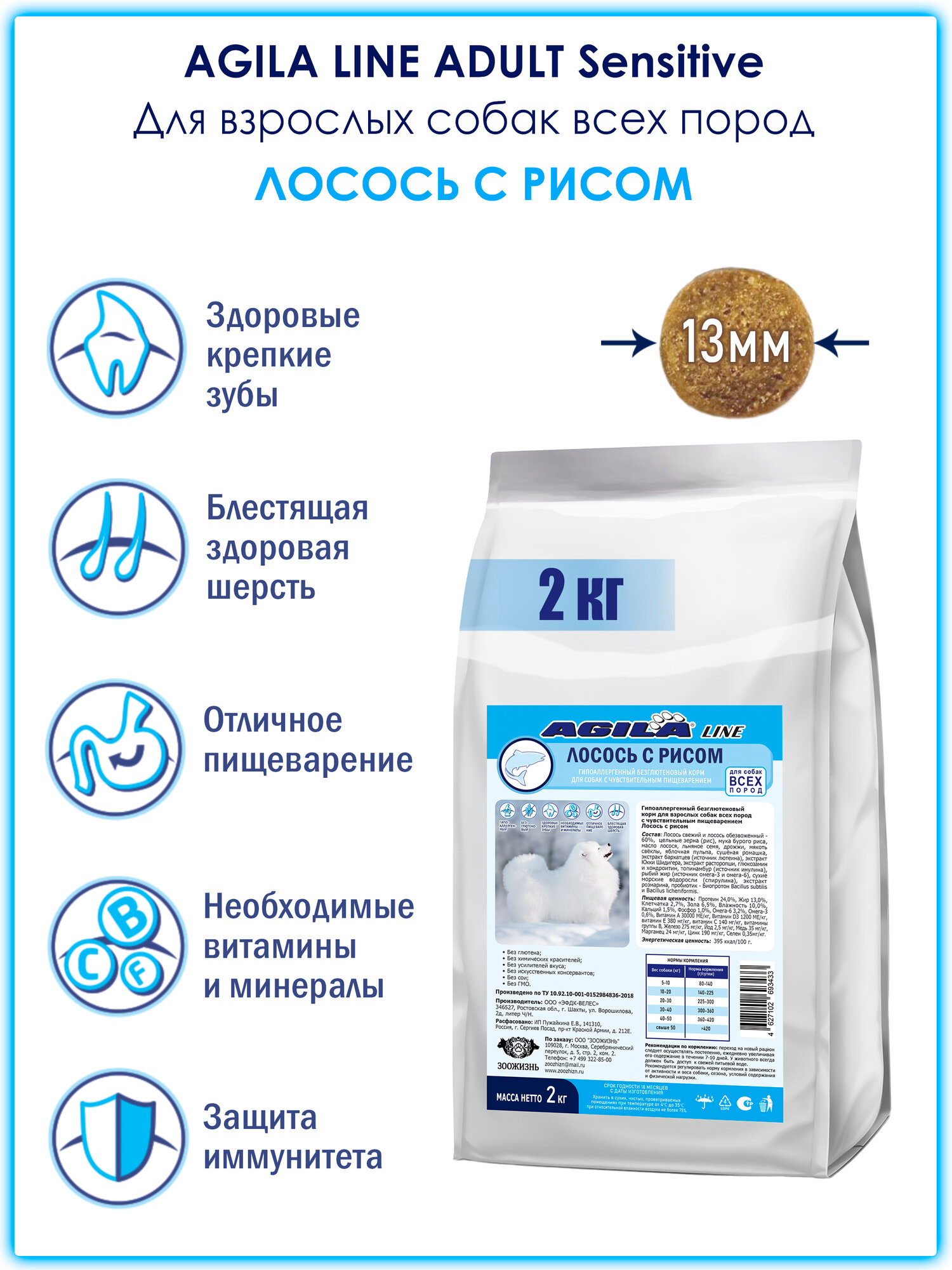 AGILA LINE Sensitive Лосось с рисом, сухой корм для взрослых собак всех пород, 2кг
