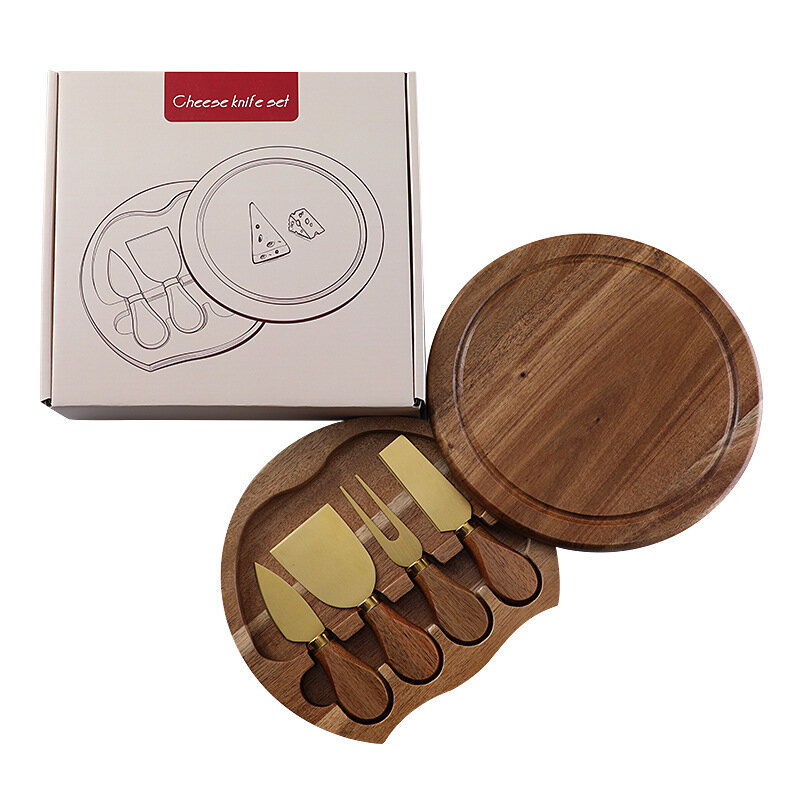 Набор из четырех ножей для сыра из акации с круглой деревянной коробкой, подарочный набор ножей и вилок для сыра